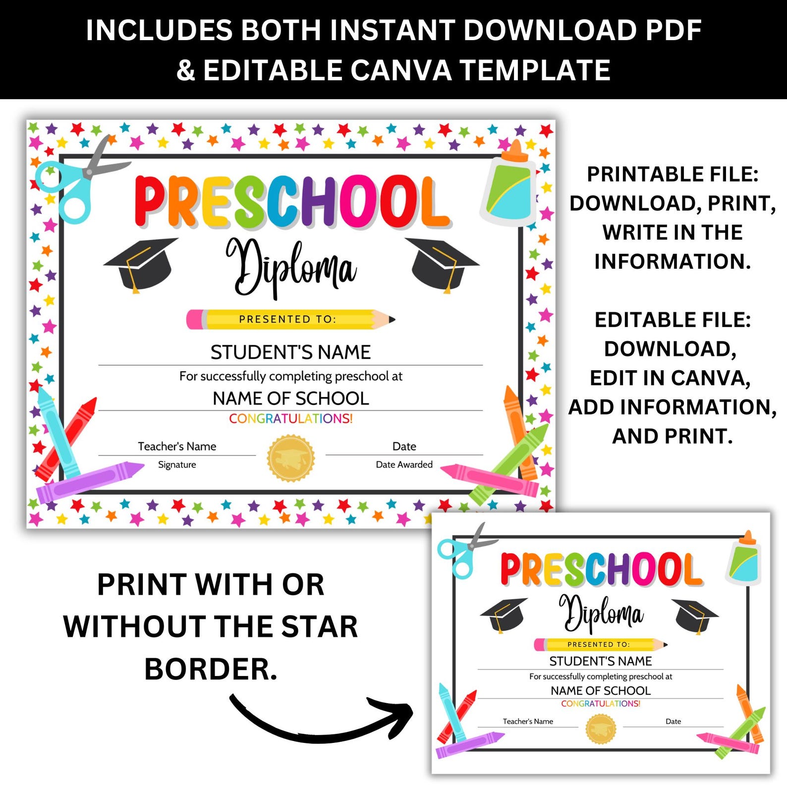 Preschool Graduation Diploma, Graduation Ceremony, Printable and ...