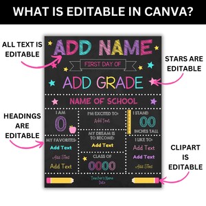 Editable First Day of School Sign, Chalkboard White, Canva Template ...