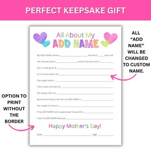 Personalized Mother's Day Questionnaire: Printable Gift for Mom (PDF ...