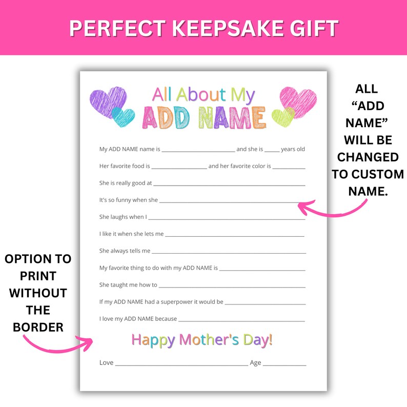 Personalized Mother's Day Questionnaire: Printable Gift for Mom (PDF ...