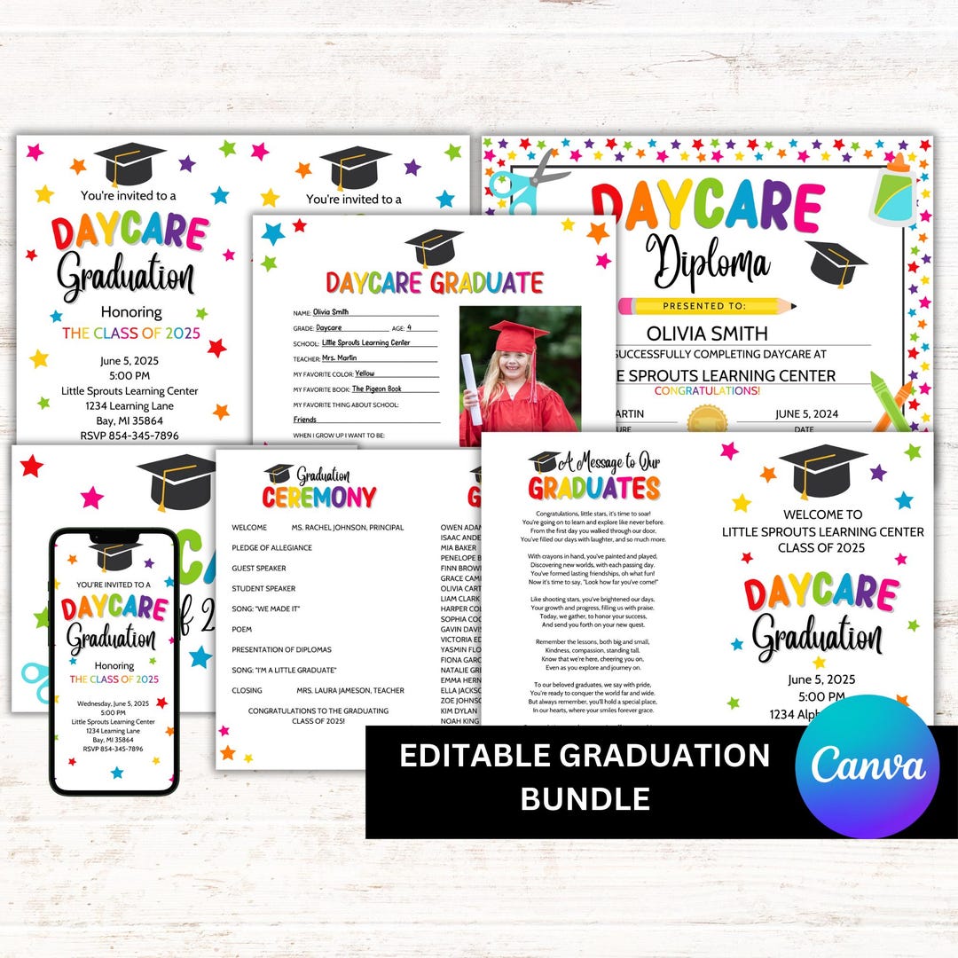 Daycare Graduation Bundle, Editable Canva Graduation Set, Daycare ...
