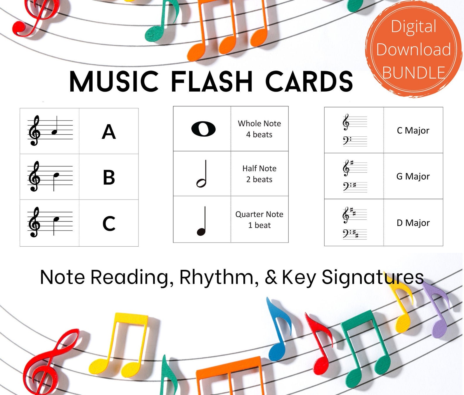 Music Flash Cards Bundle | Note Reading, Rhythm, Key Signature Flash ...