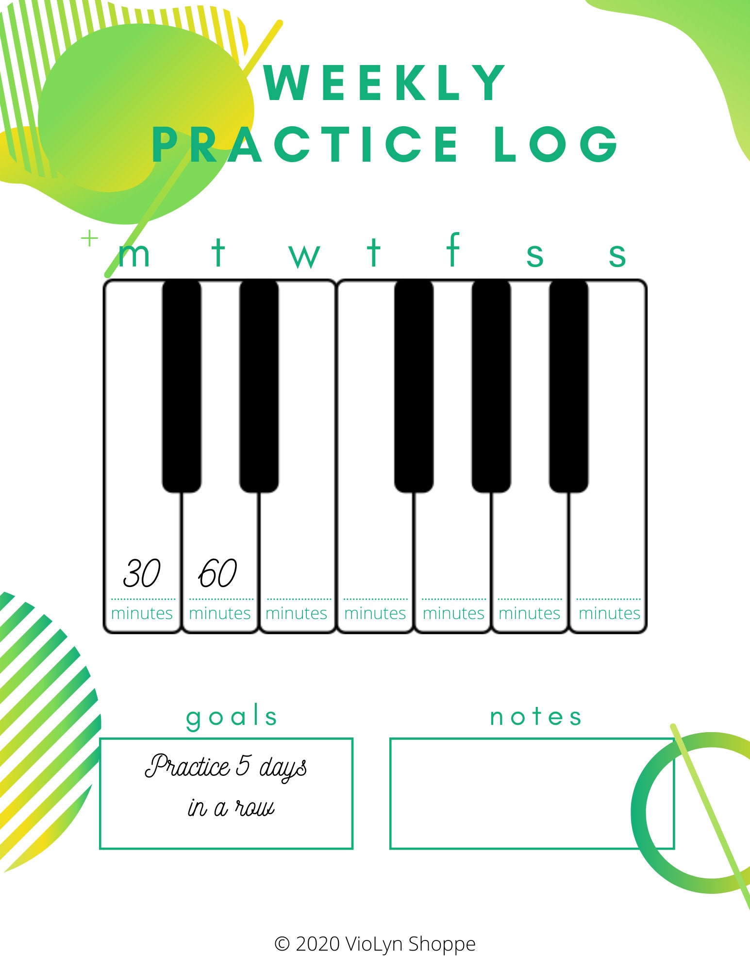 Weekly Piano Practice Log | Printable Practice Charts for Piano - Etsy