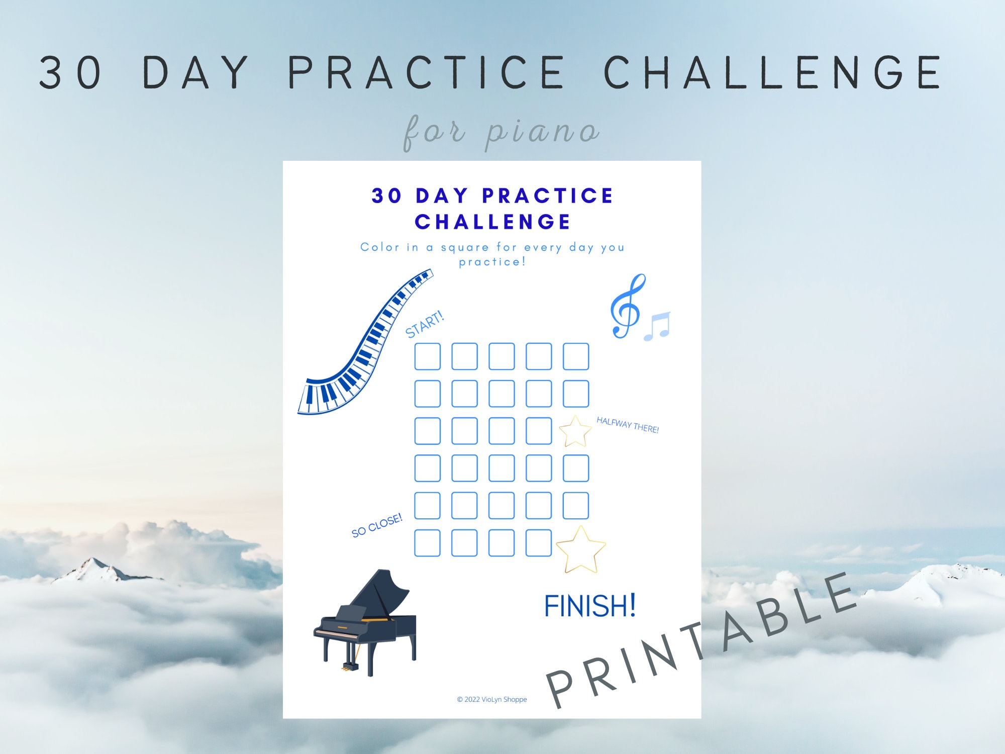 Printable Practice Log | 30 Day Practice Challenge Chart for Piano - Etsy