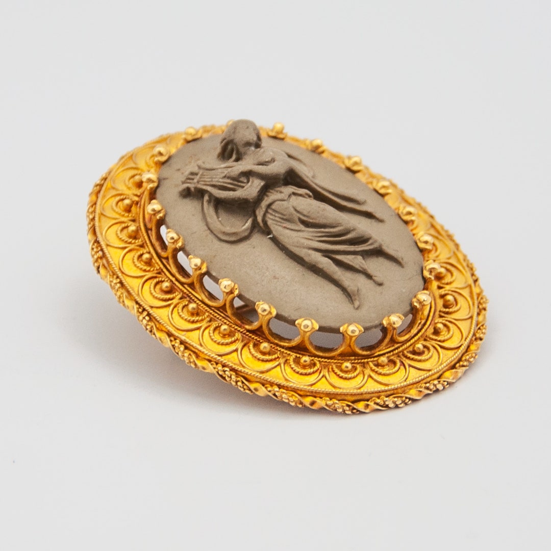 19th Century 14K Gold High Relief Lava Brooch, Relief Brooch, Victorian ...