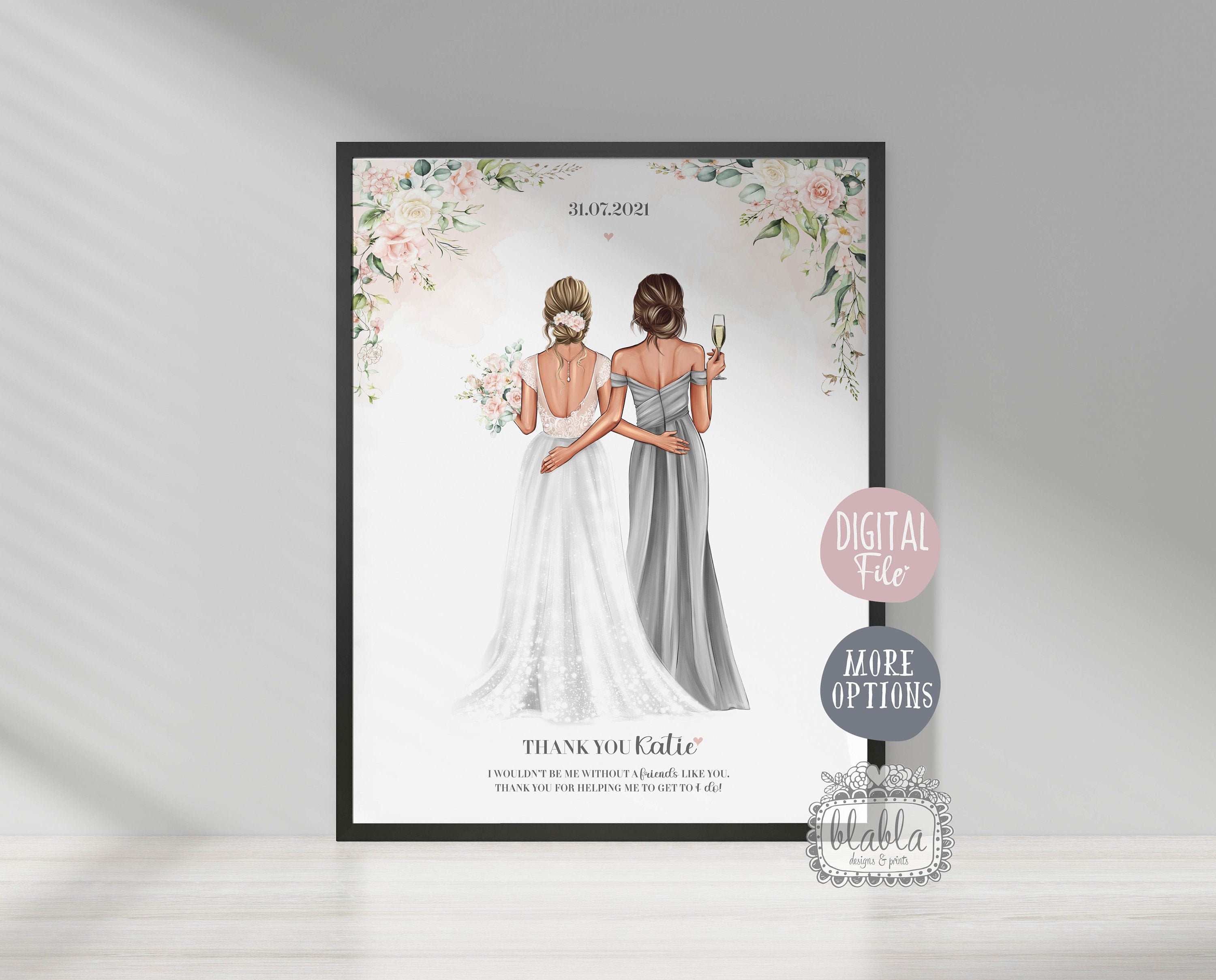 Bridesmaid and Bride Print, Wedding Print, Bridal Hen Party Gift, Gift ...