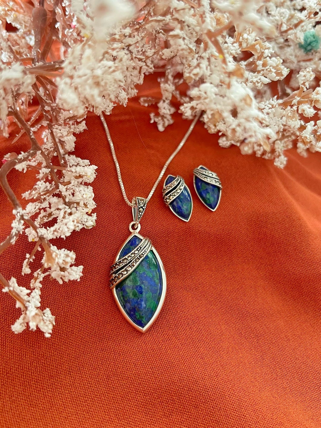 Eilat Stone Jewelry - Marcasite Silver Set With Eilat Stone - Israeli ...