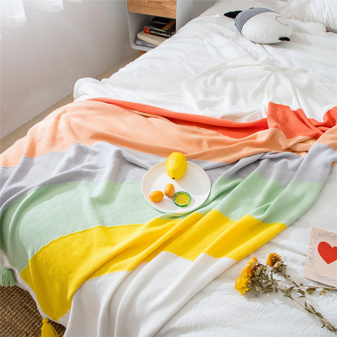 Large Rainbow Knitted Cotton Throw Blanket - Etsy