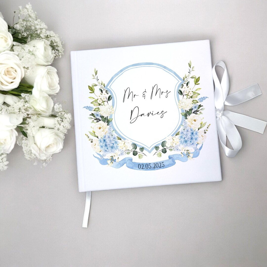 Personalised Blue Floral Crest Wedding Guest Book, White Velvet - Etsy
