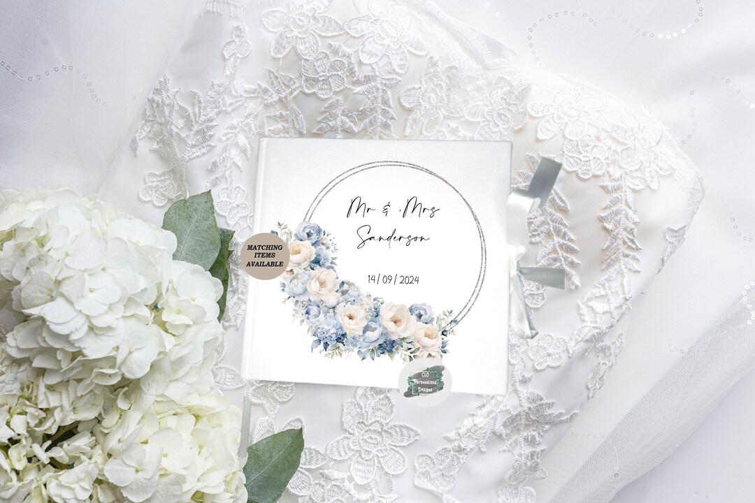 Personalised White Velvet Wedding Guest Book, Blue Floral Theme - Etsy
