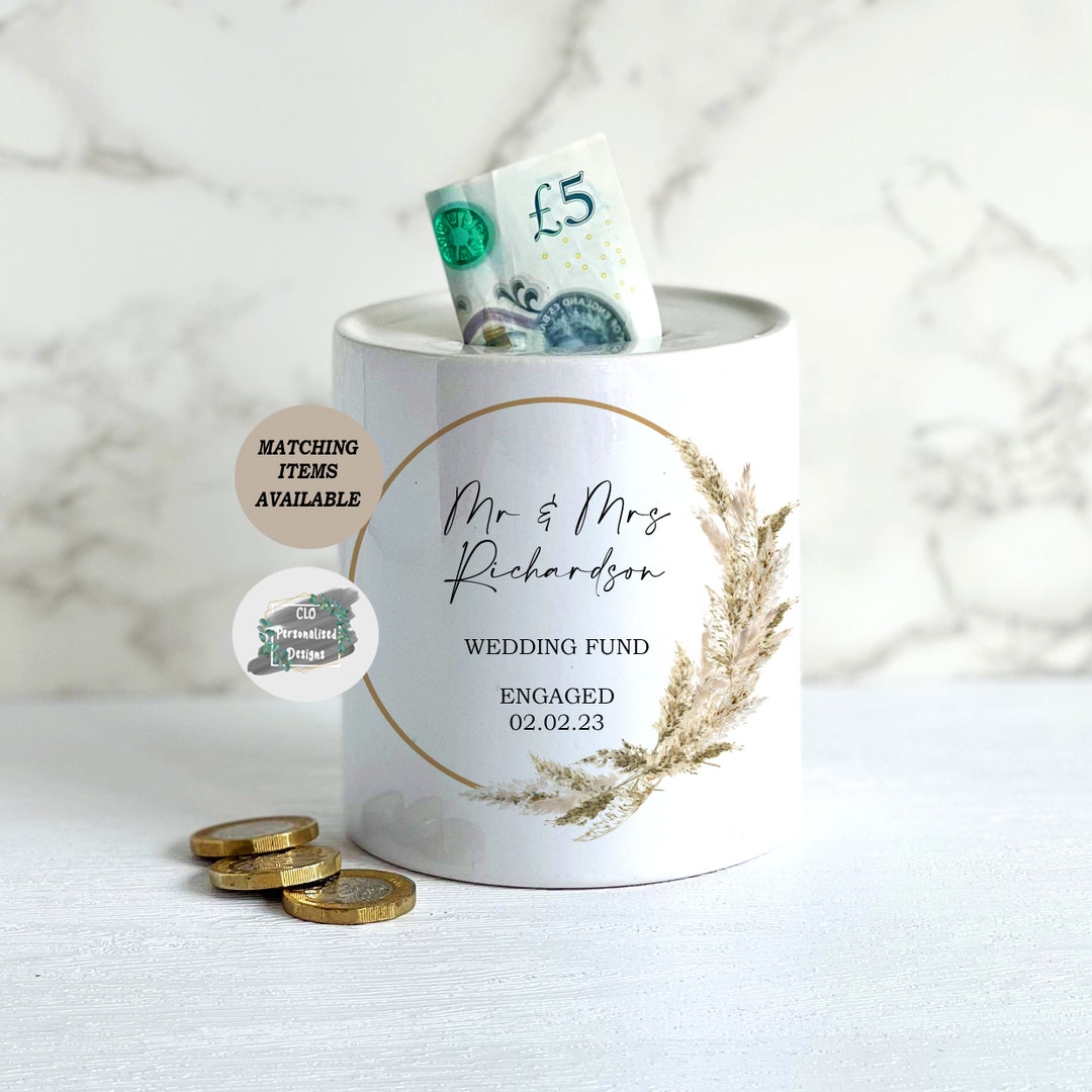 Personalized Mr & Mrs Wedding Fund Pot, Boho Pampas Grass Ceramic ...