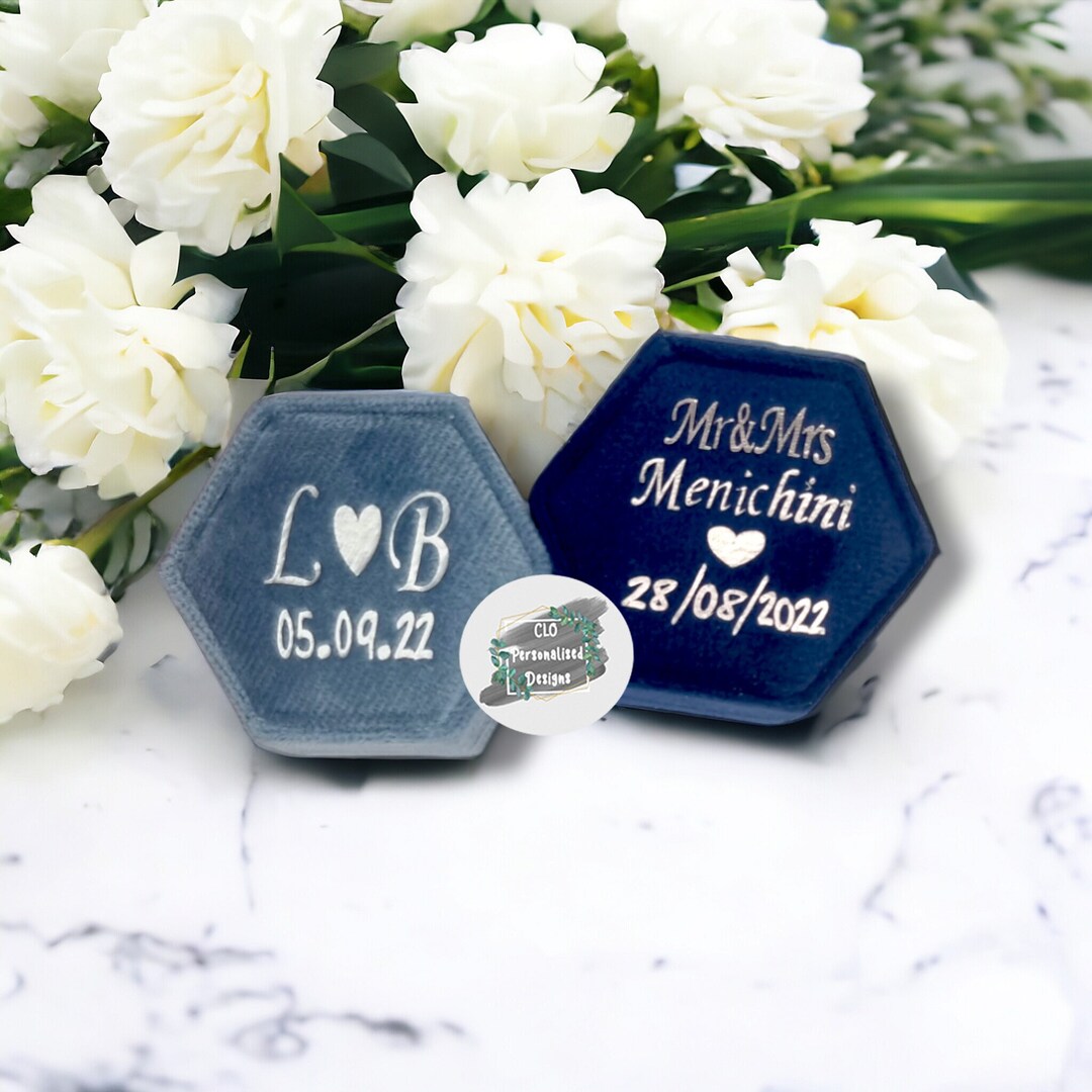 Personalised Wedding Ring Box, Velvet Navy Blue Ring Box, Double Ring ...