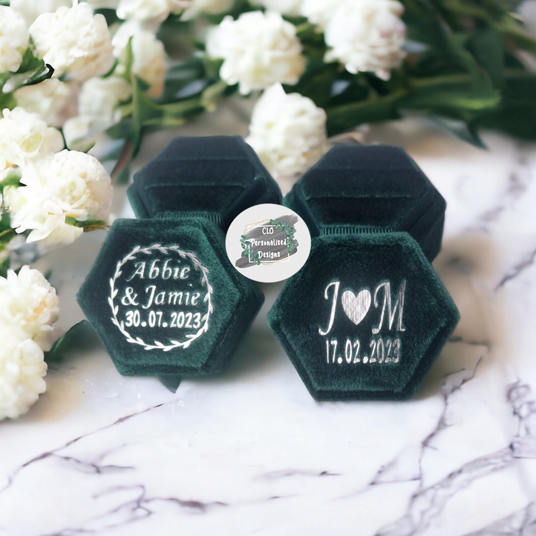 Personalised Wedding Ring Box, Velvet Emerald Green Ring Box, Double ...