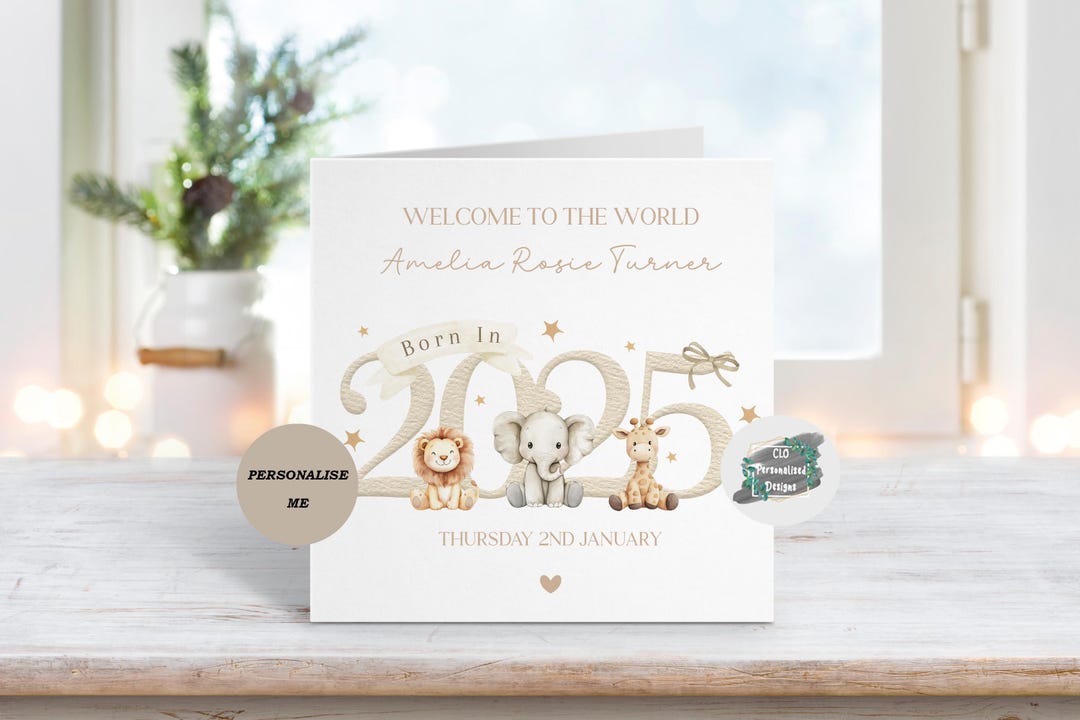 Personalised Unisex Safari Jungle Card, Welcome to the World 2025 Card ...