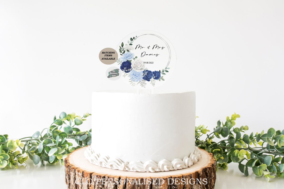 Personalised Dusky Blue Wedding Cake Topper, Acrylic Cake Topper, Blue ...