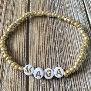 MAGA Bracelet, Beaded MAGA Stretch Bracelet, Gold Tone Seed Beads ...