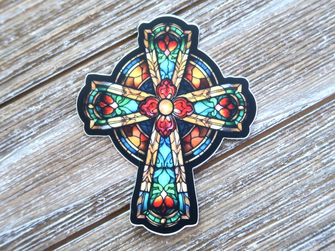 Stained Glass Cross Sticker: Colorful Vinyl Decal - Etsy