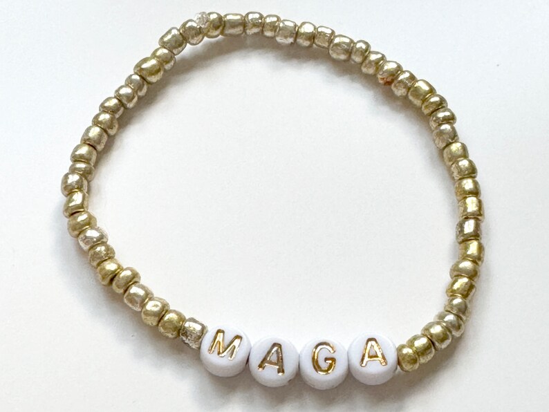 MAGA Bracelet, Beaded MAGA Stretch Bracelet, Gold Tone Seed Beads ...