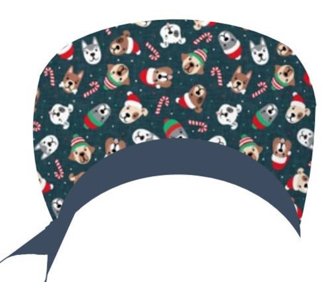 Christmas Pups Holiday Puppy Dogs Santa Pup on Blue Scrub Cap, Surgical ...