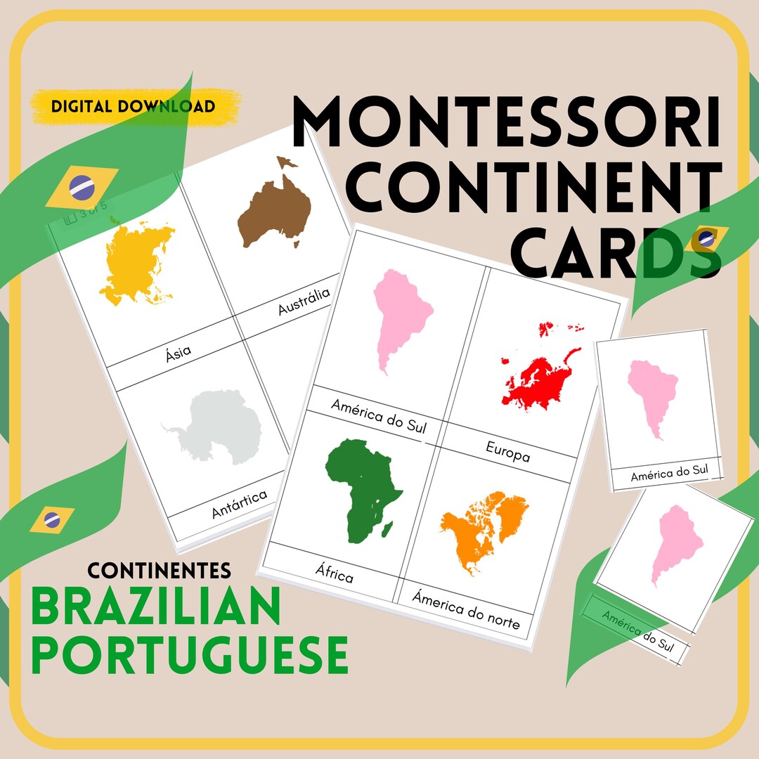 Montessori Continent Cards in Brazilian Portuguese, Montessori ...
