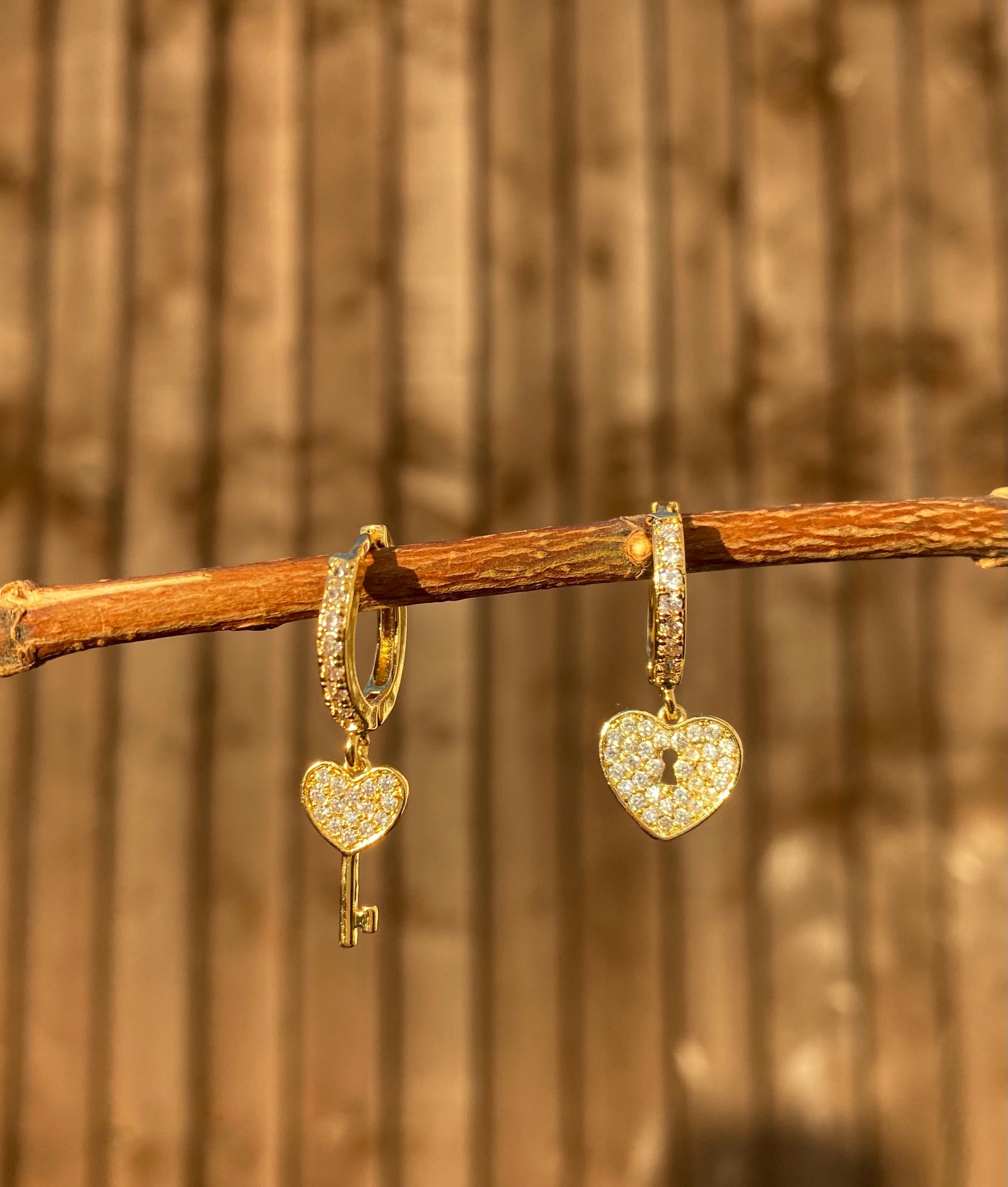 Gold Lock & Key Hoop Earrings Diamante Lock and Key Charms - Etsy