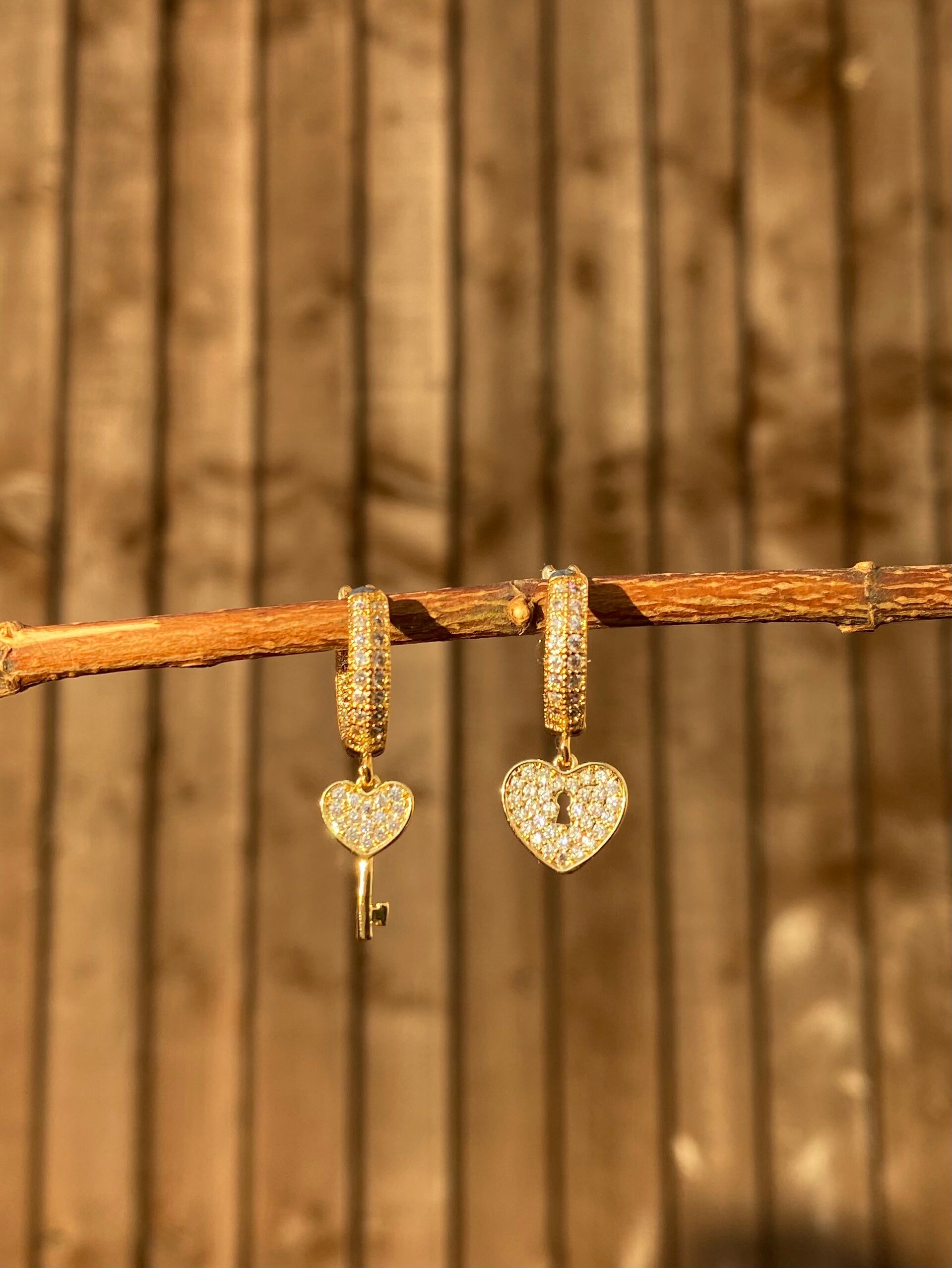 Gold Lock & Key Hoop Earrings Diamante Lock and Key Charms - Etsy