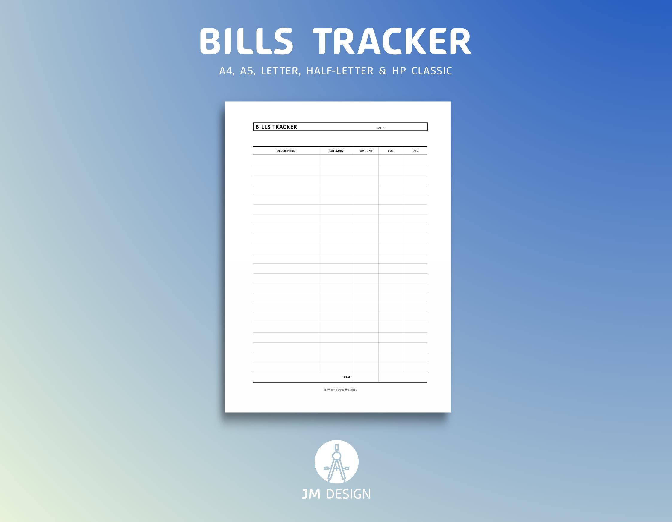Bills Tracker Printable PDF - Bill Payment Log, Monthly Checklist ...