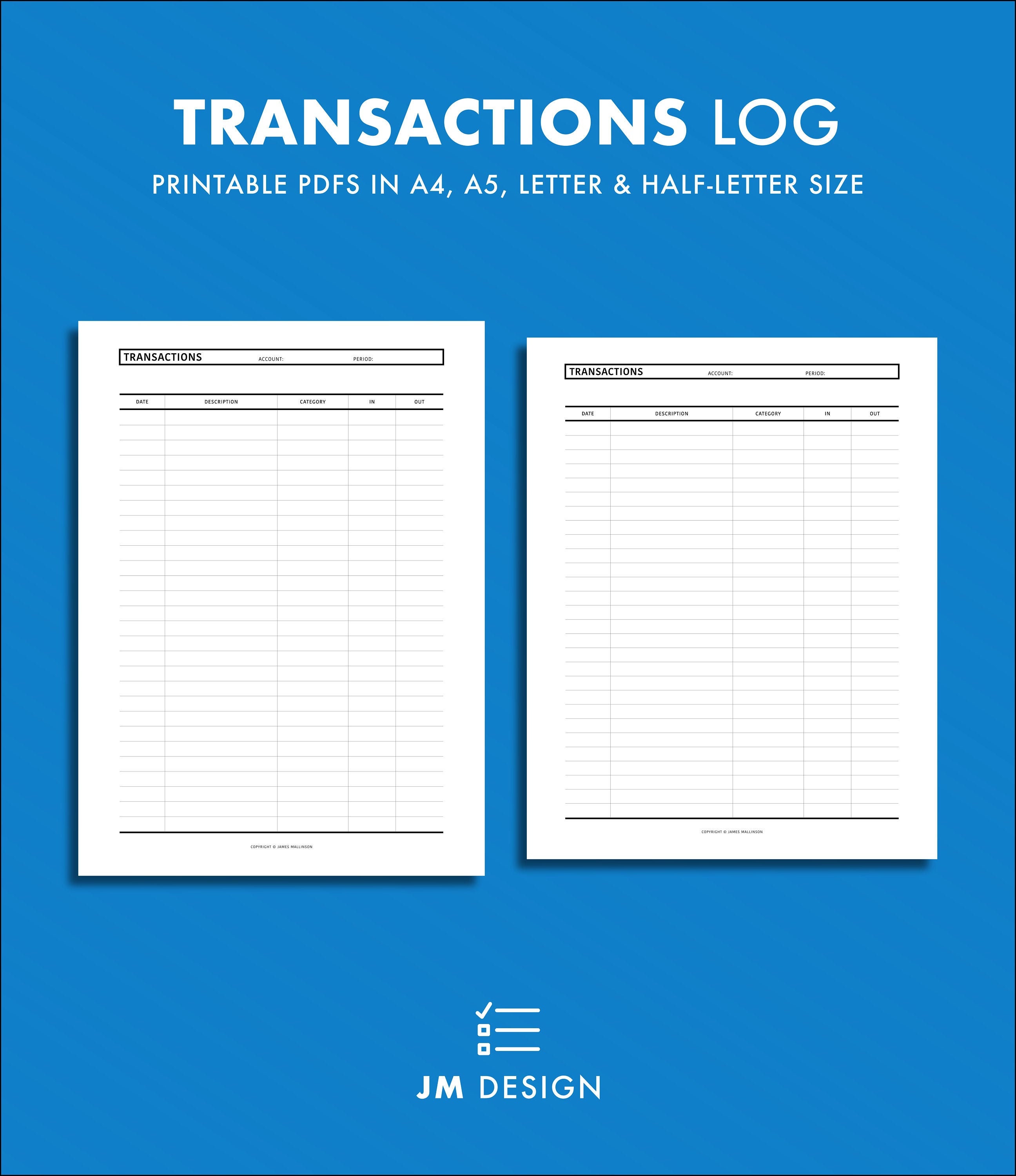 Printable transactions log in A4 A5 Letter & Half-Letter | Etsy