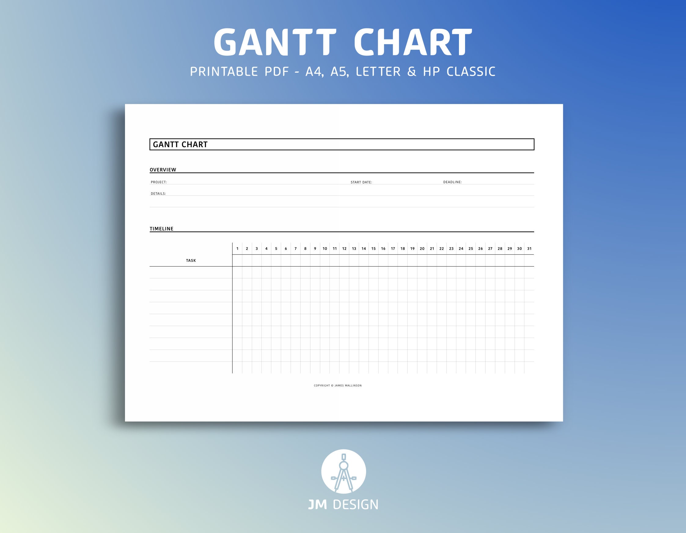 GANTT Chart Printable PDF, Project Planner, Project Timeline, Project ...