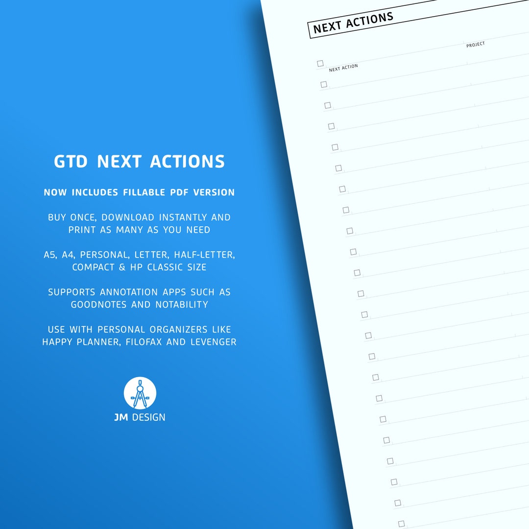 GTD Next Actions List Printable & Fillable A5 A4 Personal Letter Half ...