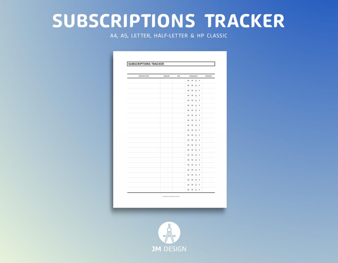 Subscriptions Tracker Printable PDF - Budget Planner, Membership ...
