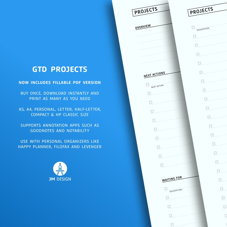 GTD Projects List Printable & Fillable A5 A4 Personal Letter Half ...