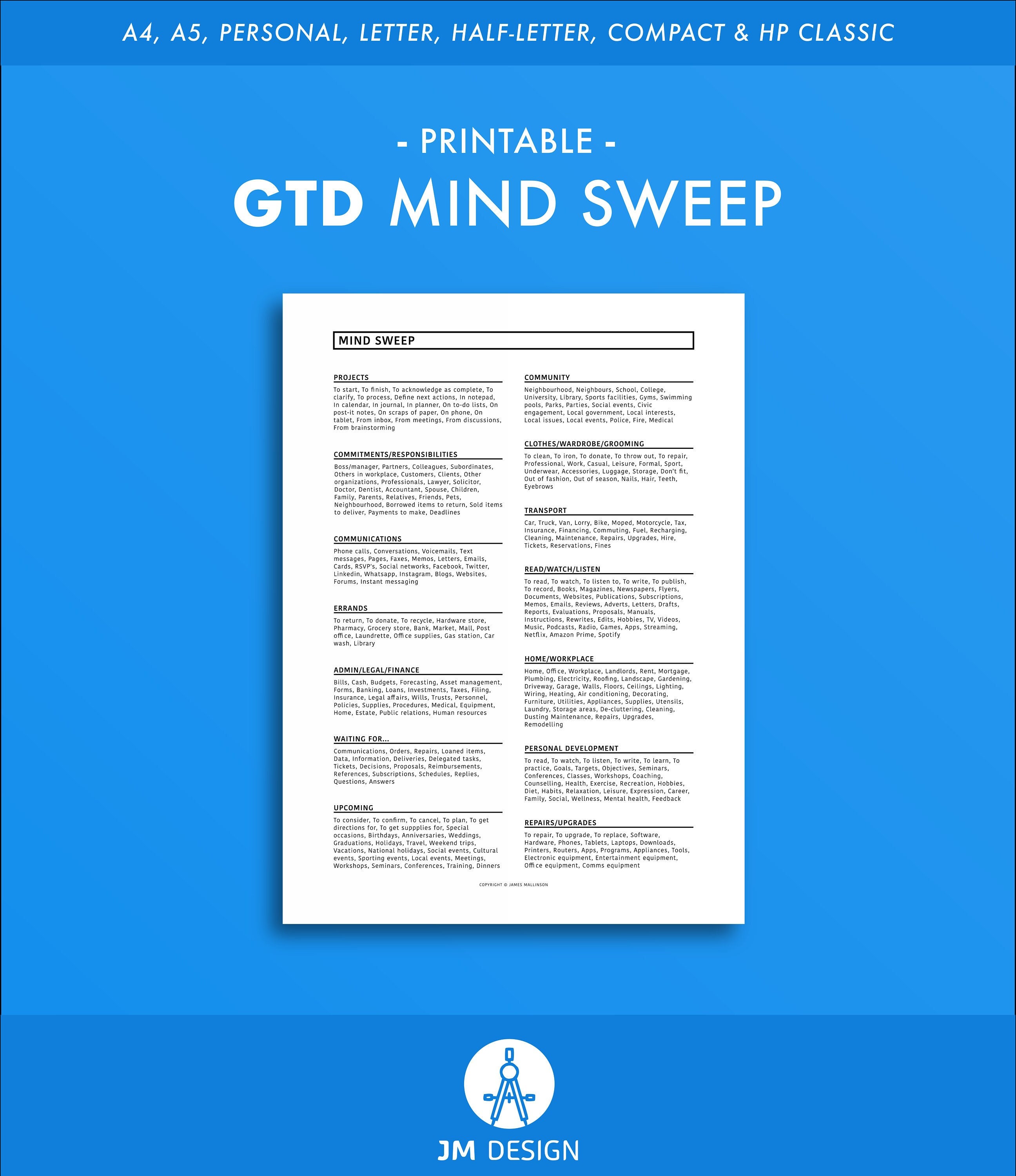 Printable GTD Mind Sweep / Trigger List / Brain Dump in A4 - Etsy UK
