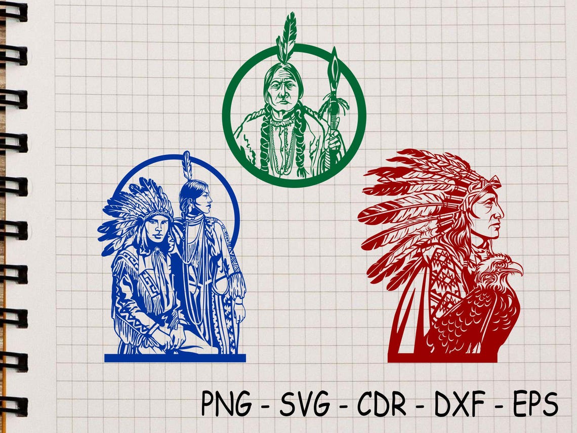 Indians Vector Drawing, Vector Files for Laser, Indians Set With ...