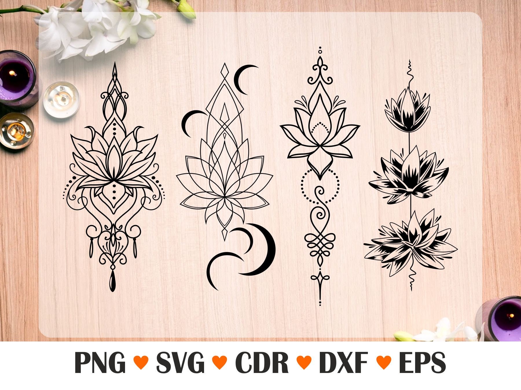 Lotus Flower, Lotus Vector, Lotus Set With Silhouette, Tattoo Set ...