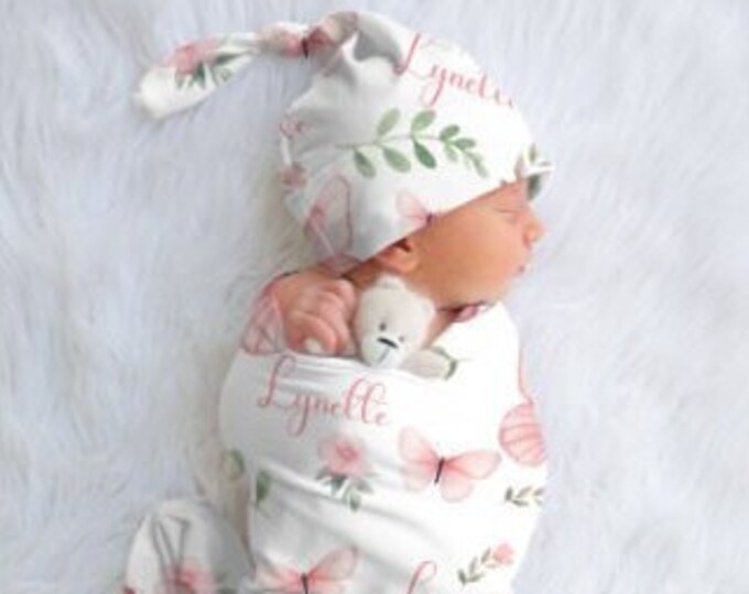 PINK BUTTERFLY Swaddle Blanket PERSONALIZED Newborn Baby Girl Coming ...