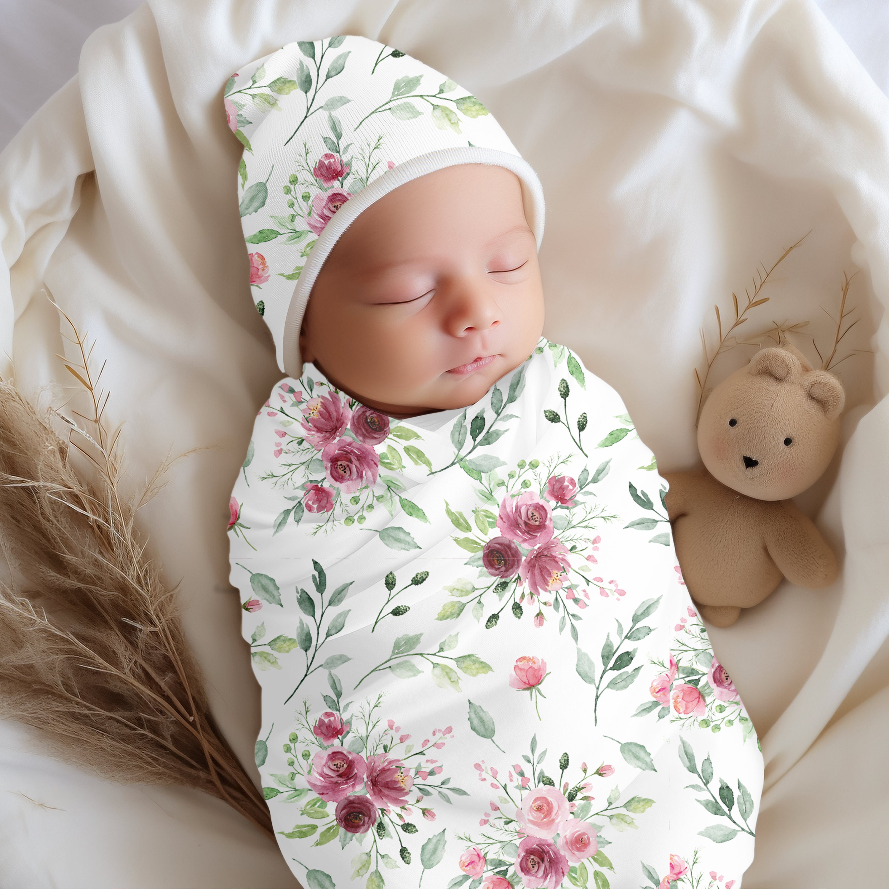 Pink Rose Swaddle Set, Pink Rose Baby Blanket, Rose Floral Nursery ...