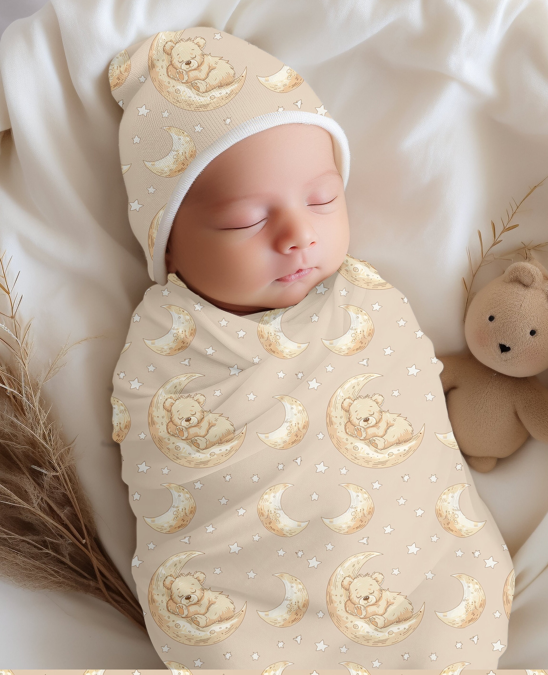 Teddy Bear Baby Swaddle and Hat, Boho Baby Blanket, Newborn Blanket and ...