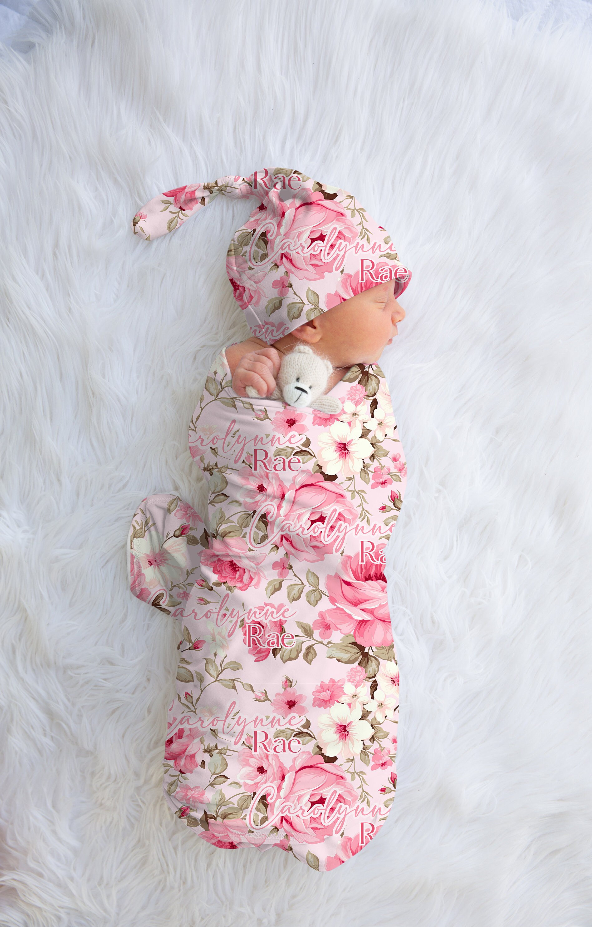 Personalized Pink Rose Swaddle Set Custom Baby Blanket, Rose Floral ...
