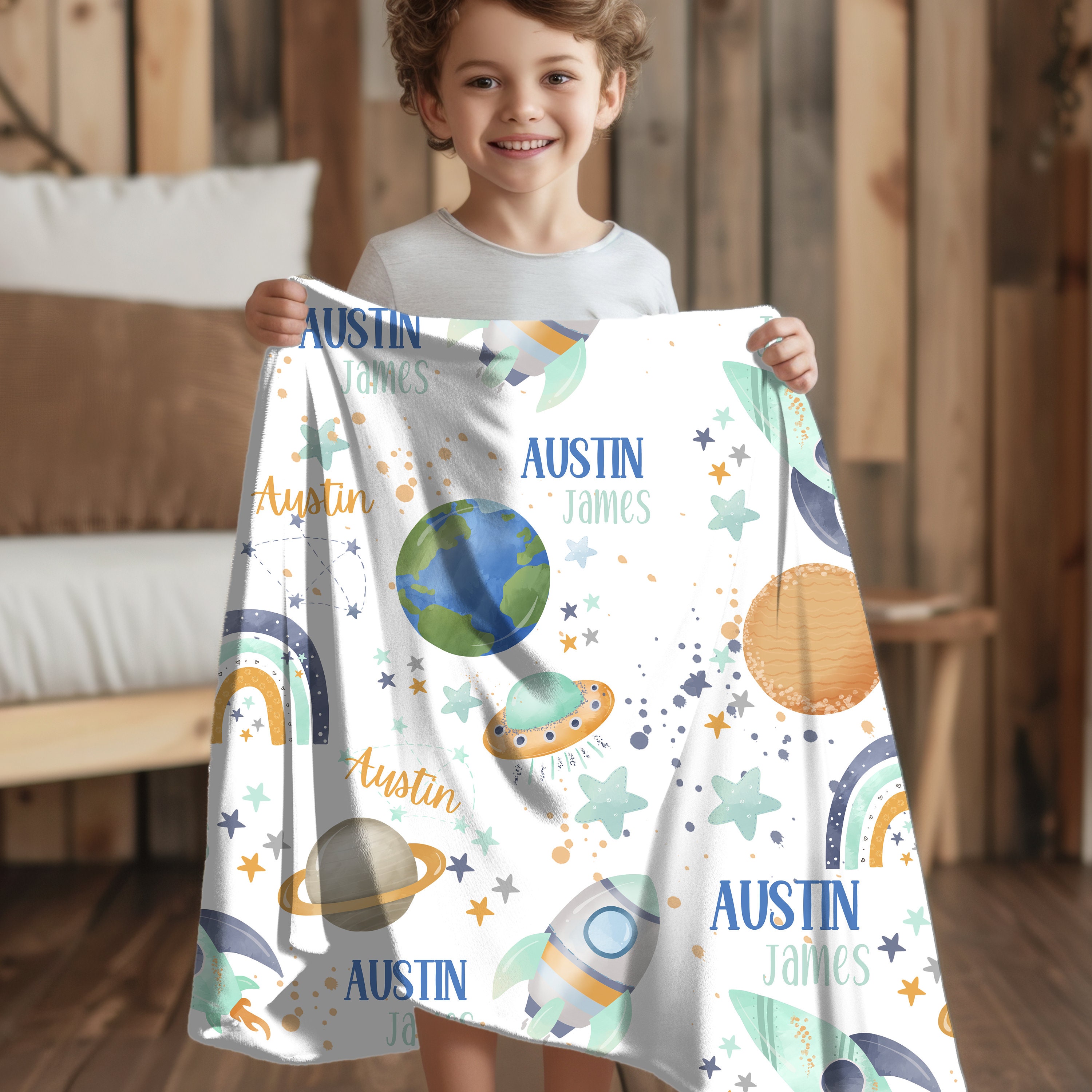 Outer Space Blanket, Space Toddler Boy Name Blanket, Personalized ...