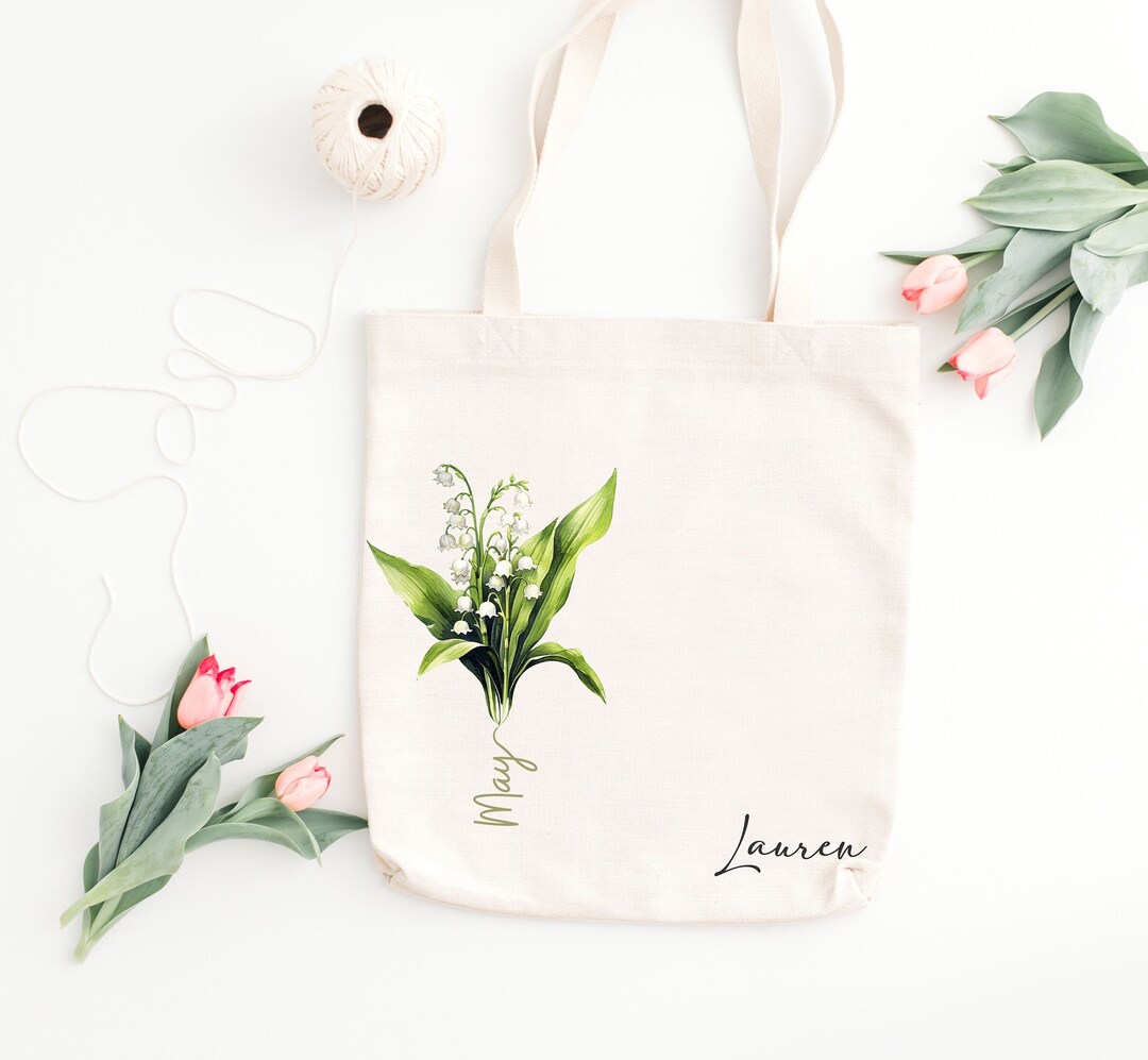 May Custom Birth Flower Gift, Personalized Canvas Tote Bag, Birthday ...