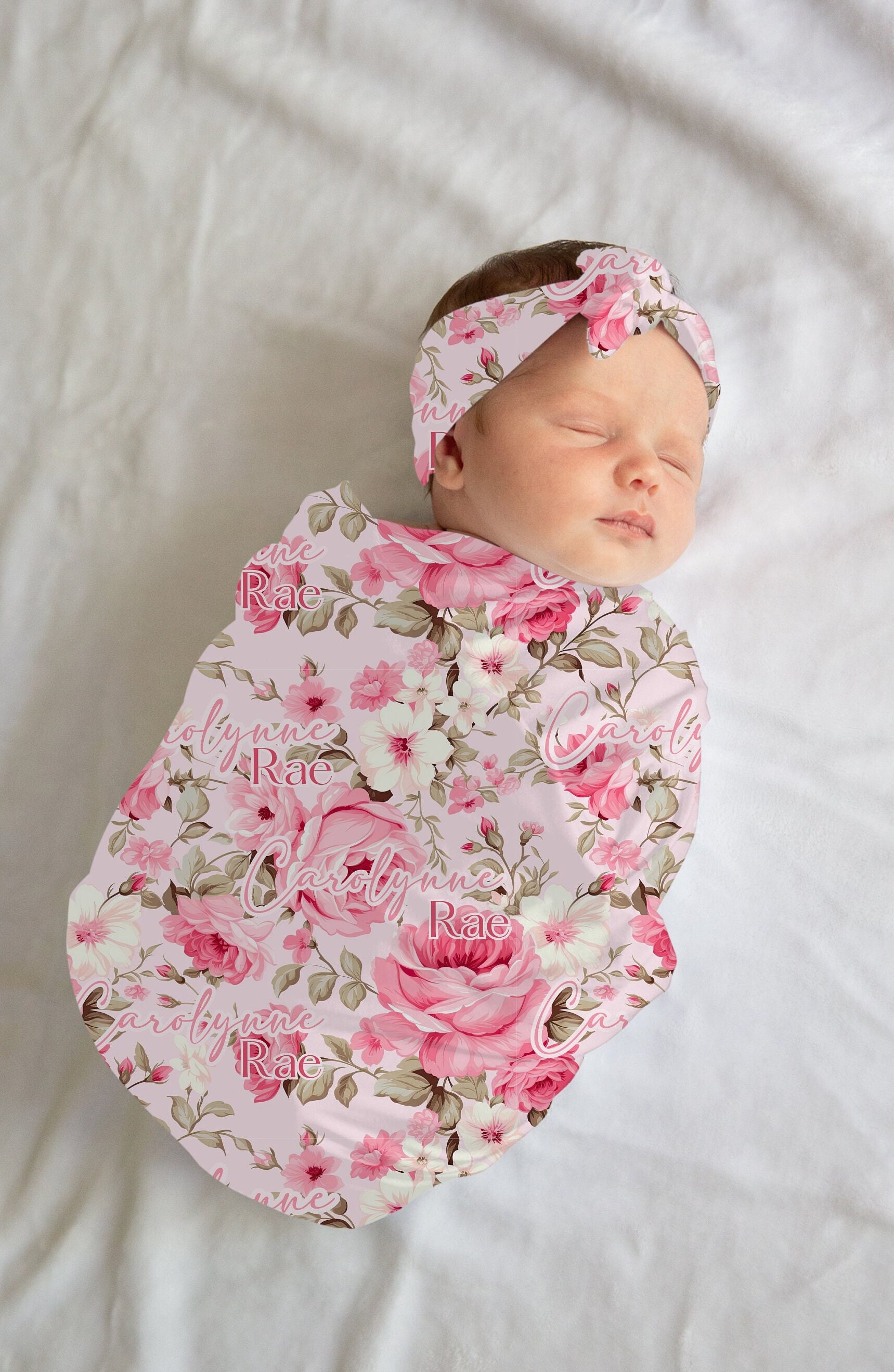 Personalized Pink Rose Swaddle Set Custom Baby Blanket, Rose Floral ...