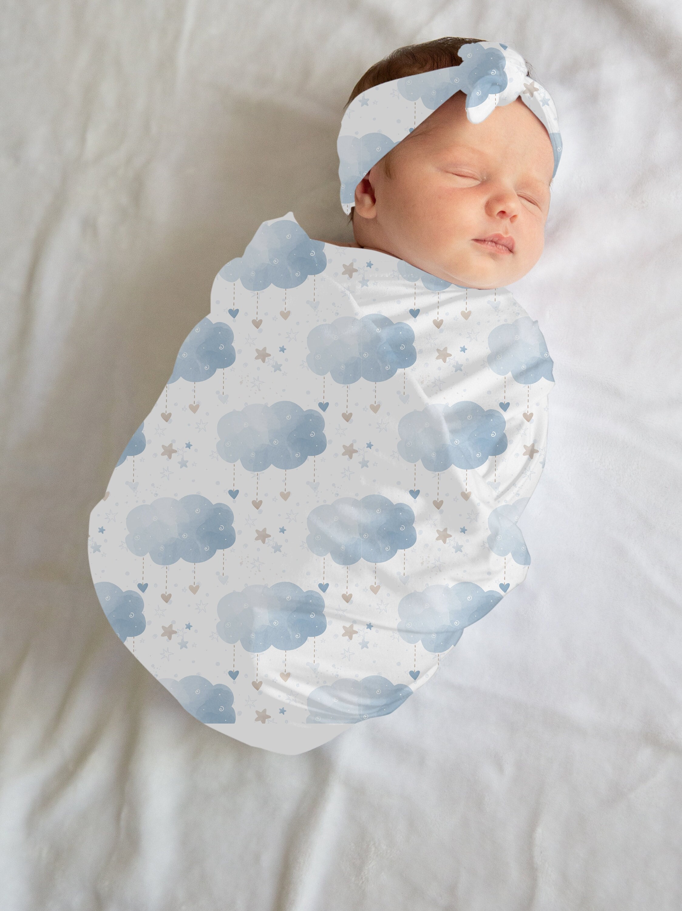 Newborn Swaddle Set, Personalized Boho Clouds Baby Blanket, Baby Boy ...