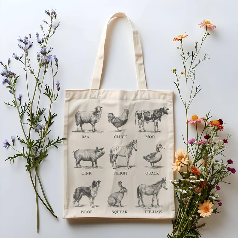 Farm Animals Tote Bag Farm Animal Bag Cow Tote Bag, Animal Lovers Gift ...