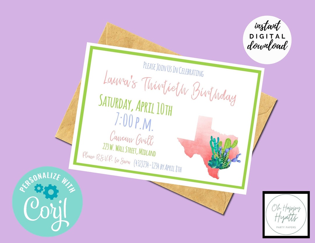 Texas Cactus Watercolor INVITATION Birthday Party Bachelorette Bridal ...