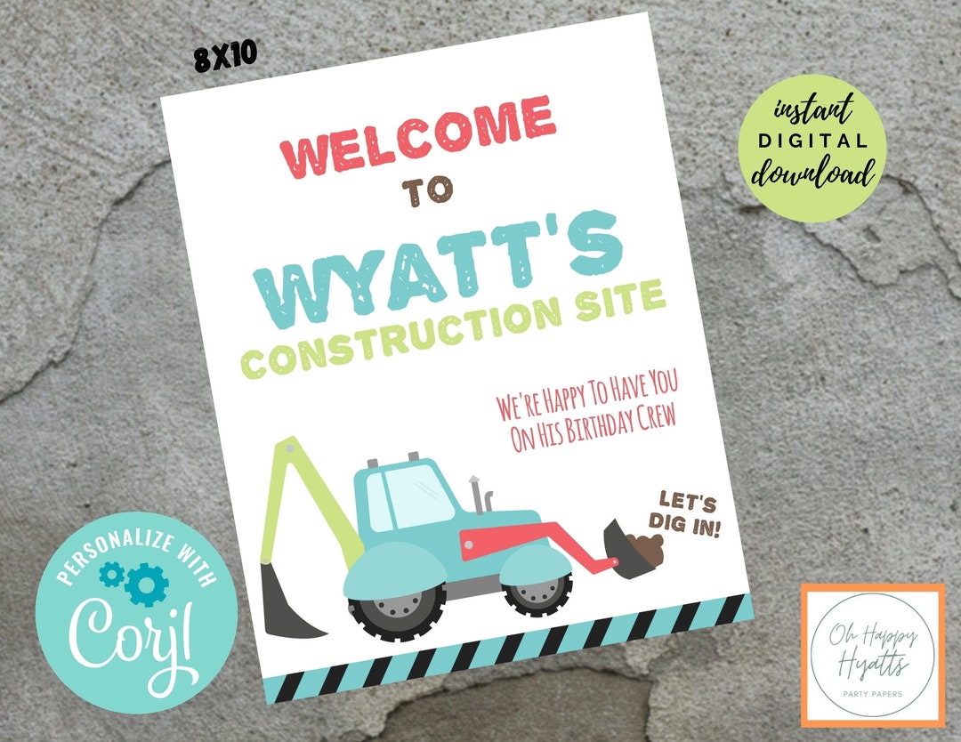 Construction BOY Birthday Baby Shower Welcome Sign 8x10 INSTANT Digital ...