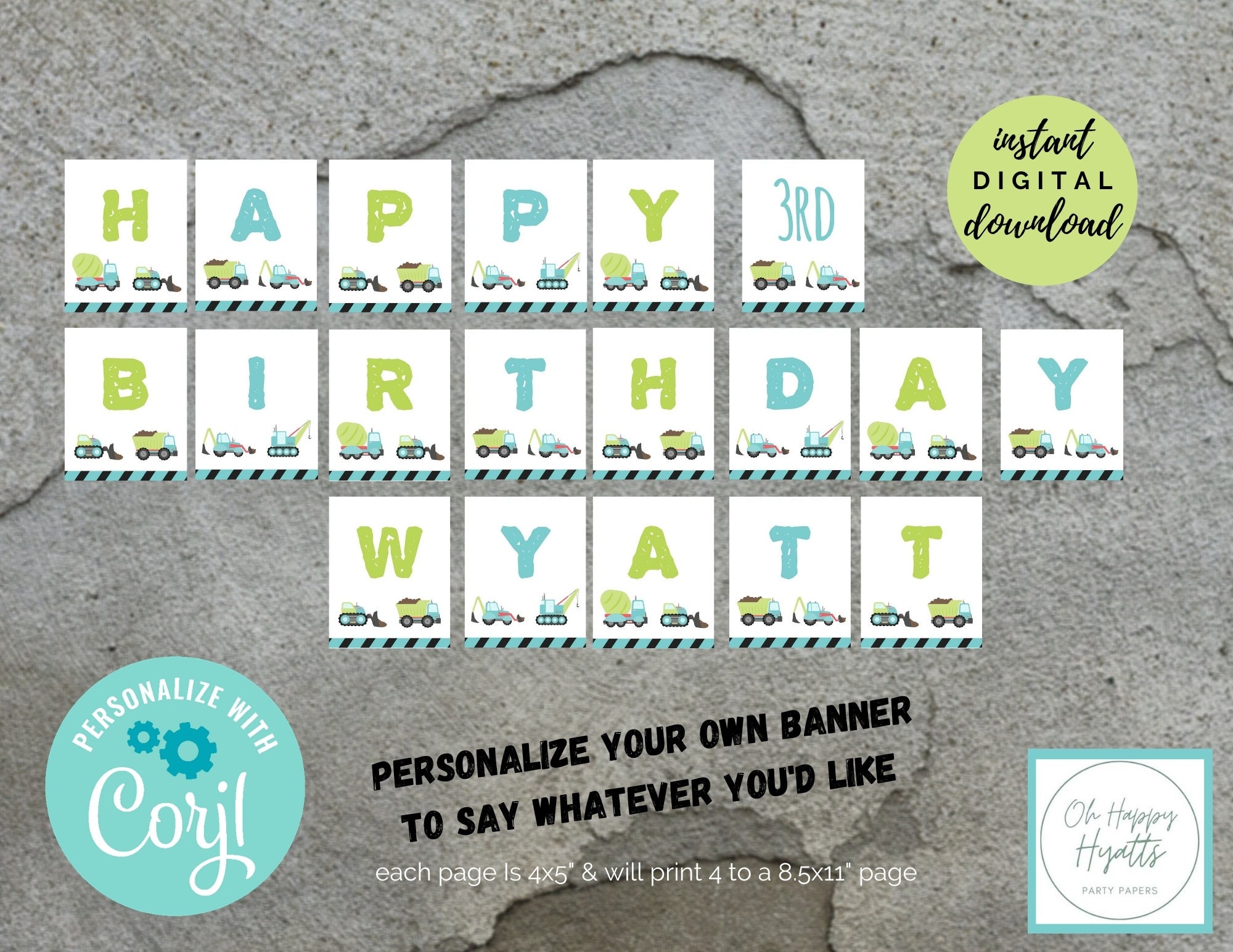 Construction BOY Birthday Baby Shower Printable BANNER | Etsy
