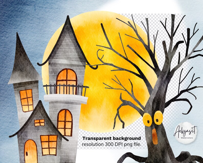 Watercolor Halloween Clipart Haunted Houses and Ghosts Illustration ...