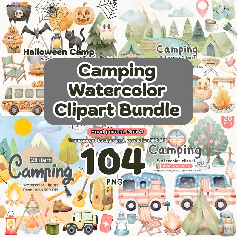 Watercolor Camping Clipart Bundle: Hand-painted Illustrations (digital ...