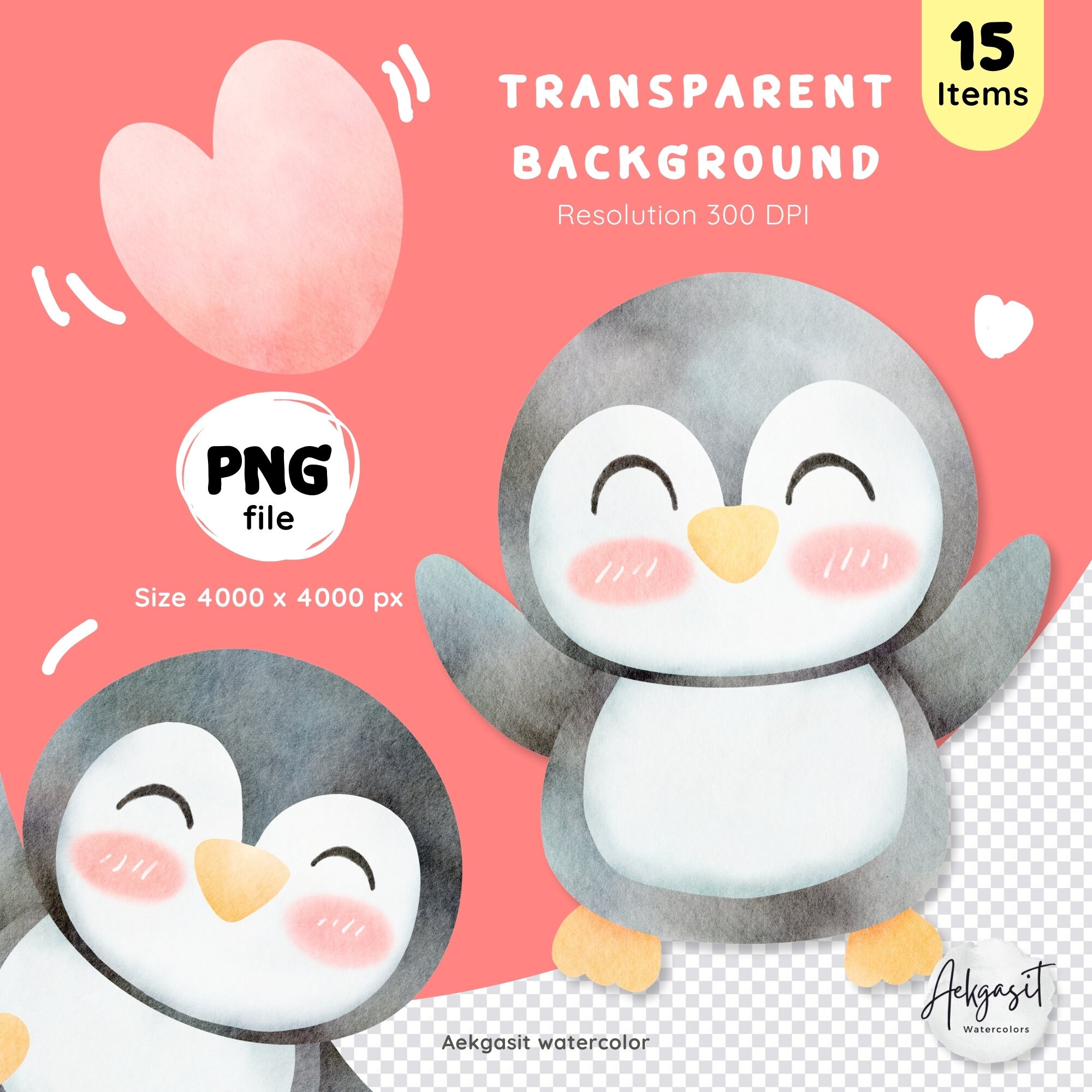 Valentine Penguin Clipart, Cute Watercolor Animals, Nursery PNG ...
